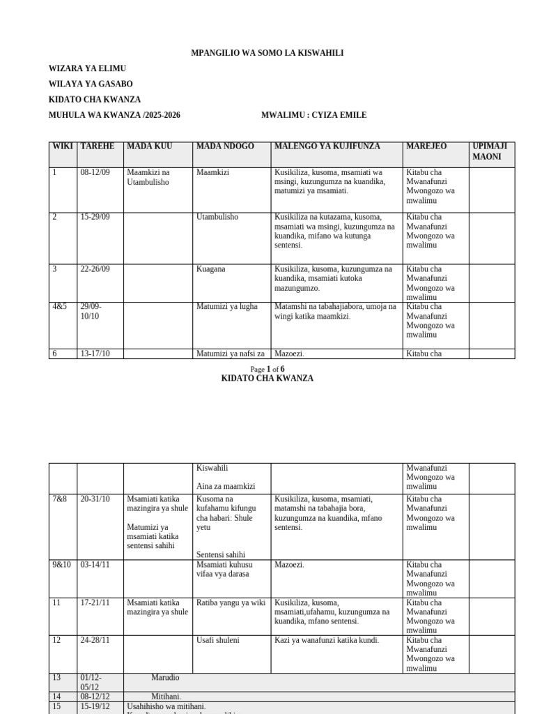 s1 Kiswahili Schme 2026 - 064647 | PDF