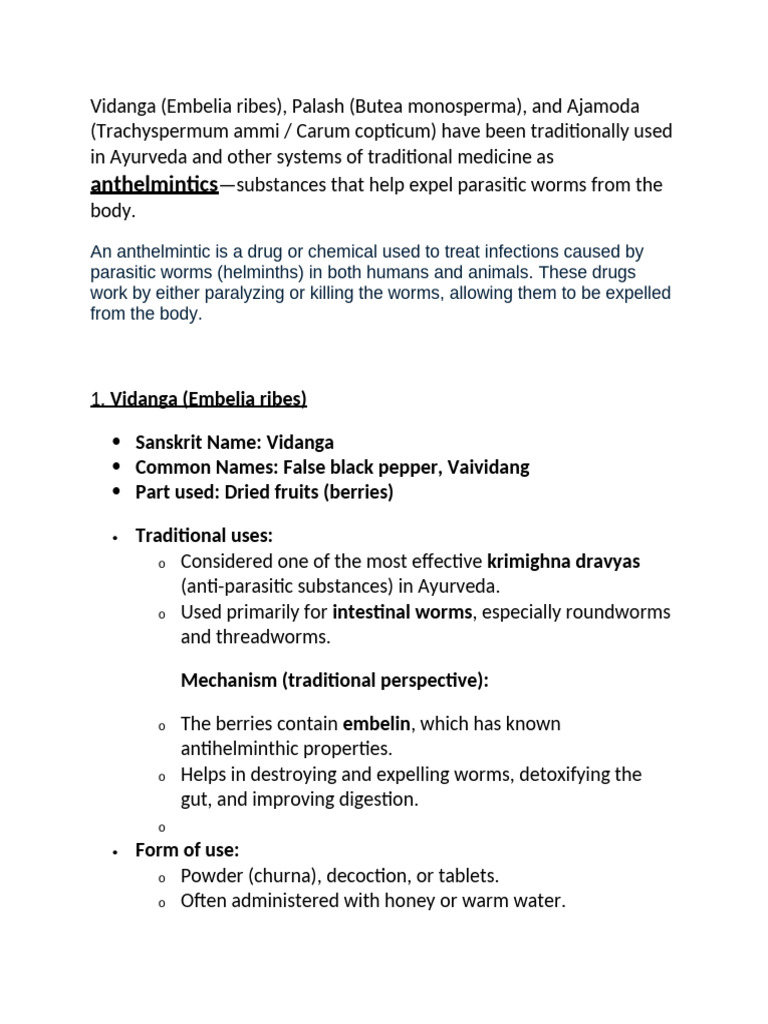 Vidanga, Palasha and Ajamoda | PDF | Medical Specialties | Parasitology