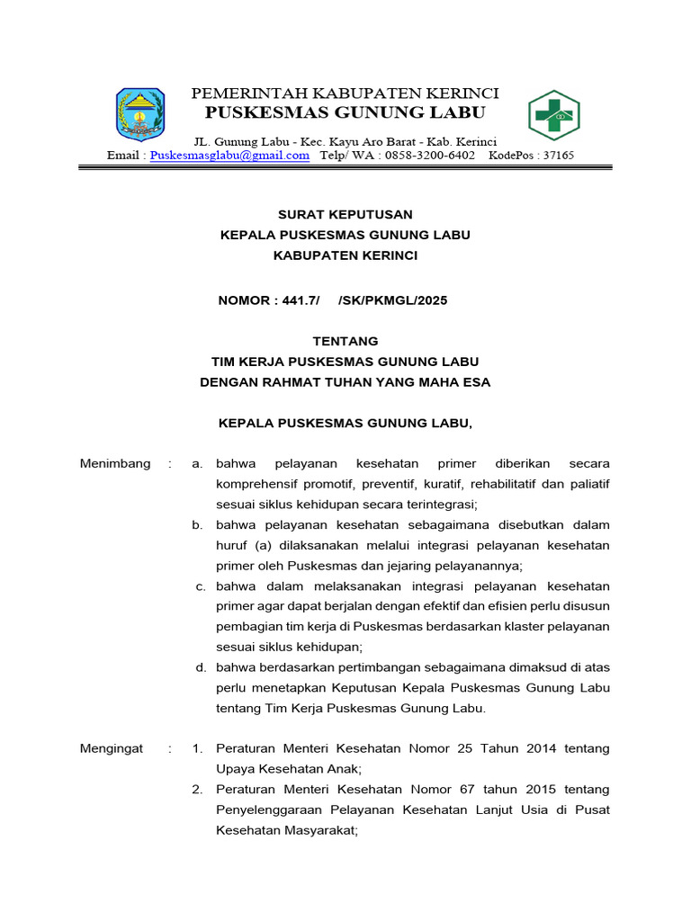 SK Tim Kerja Ilp PKMGL | PDF