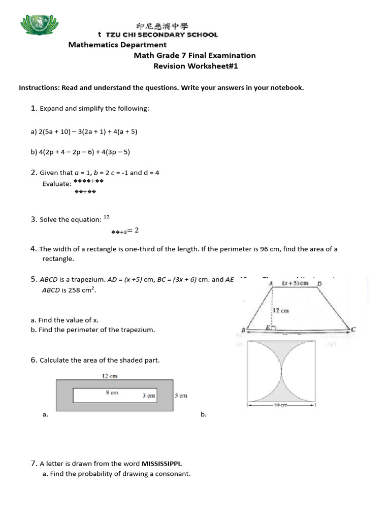 Grade 7 Math - Final Revision Worksheet#1 | PDF