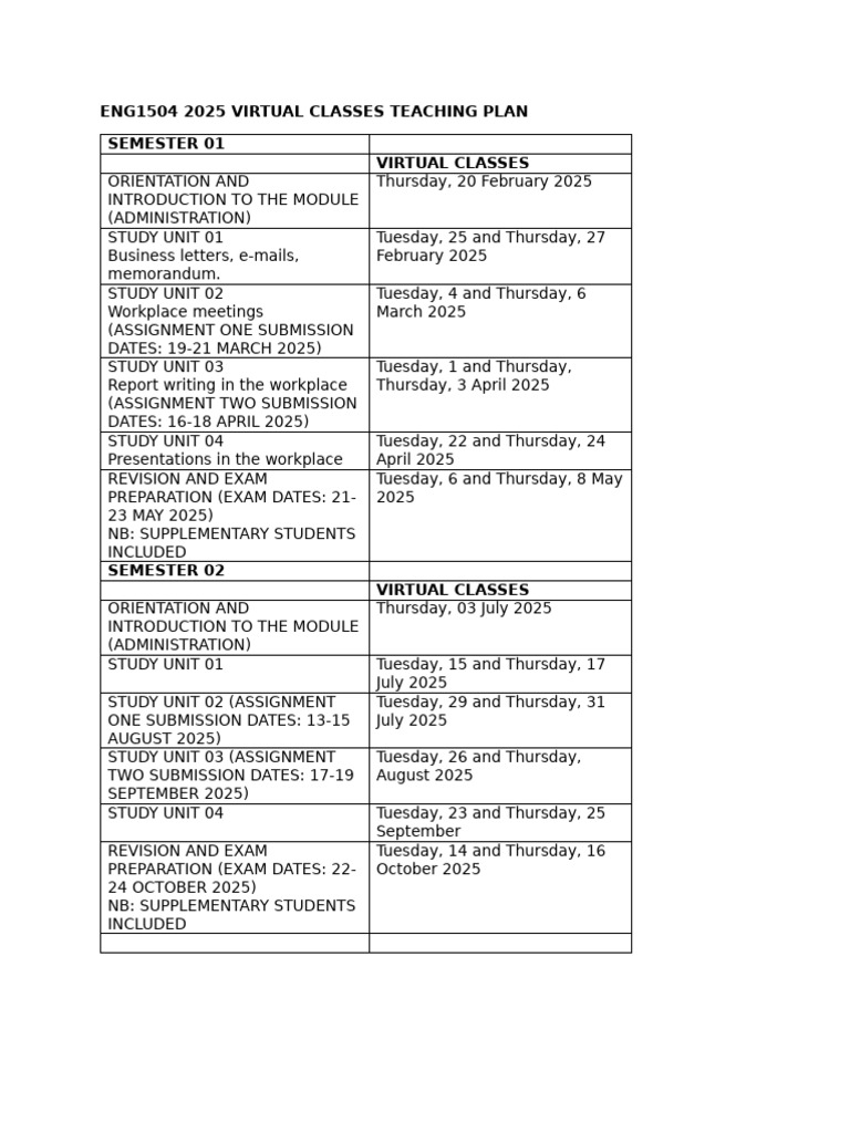 Eng1504 2025 Vrtual Classes Schedule-1 | PDF