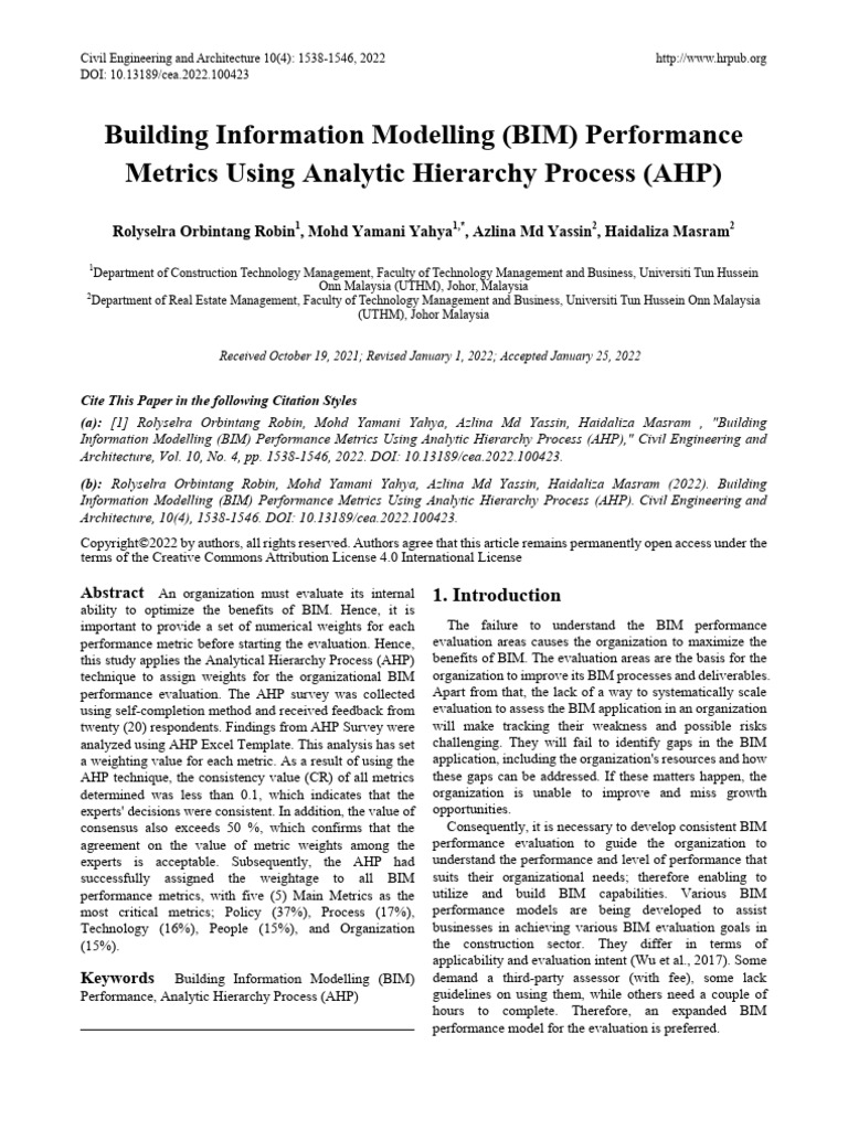 2022 - Robin - BIM Performance Metrics Using AHP | PDF | Building ...