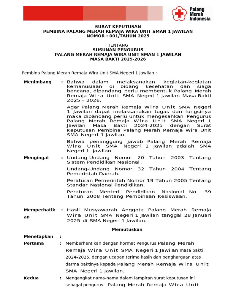 SK Pengurus PMR SMA 1 Jawilan 2025-2026 | PDF