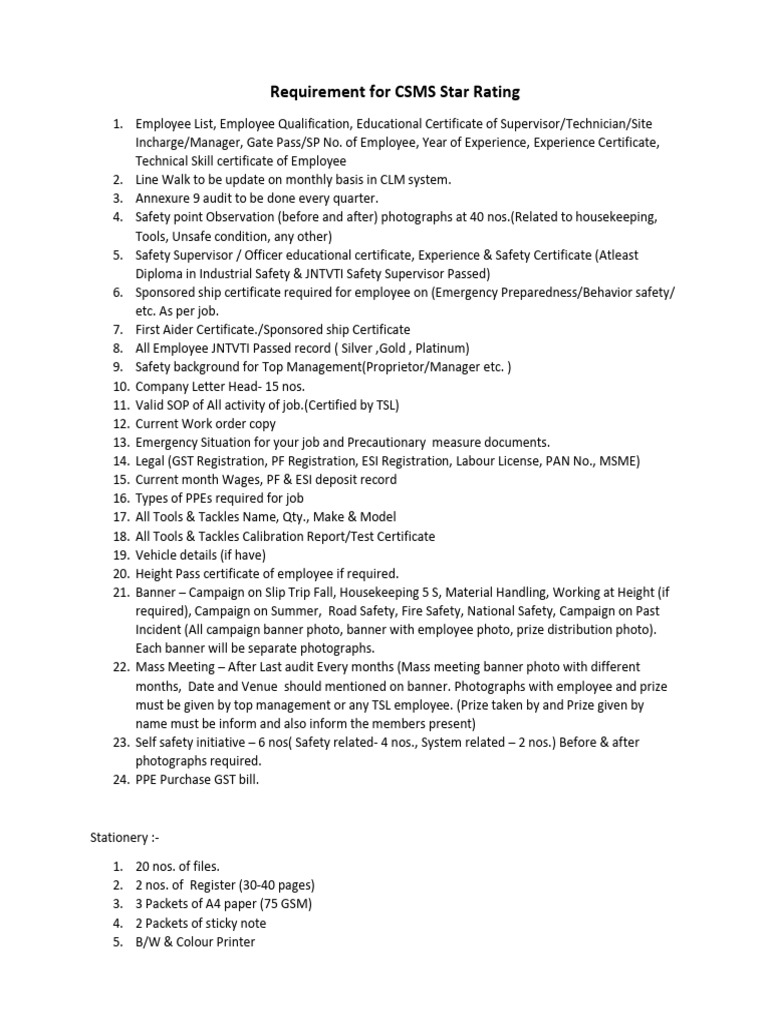 Requirement For Star Rating CSMS | PDF