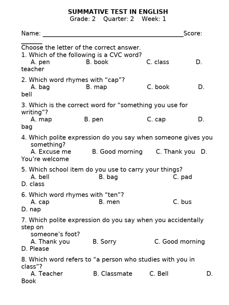 Grade 2 English Summative Test Q2 | PDF | Chess Theory | Chess