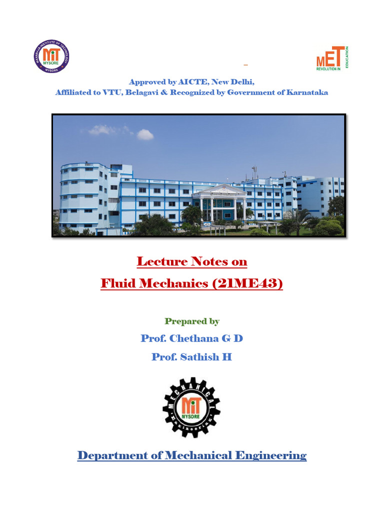 Fluid Mechanics Lecture Notes - 21ME43 | PDF | Fluid Dynamics | Engineering