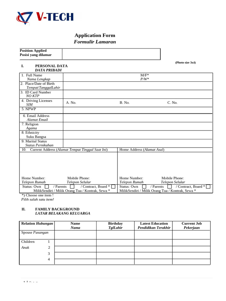 Formulir Lamaran Kerja Vtech Indonesia | PDF