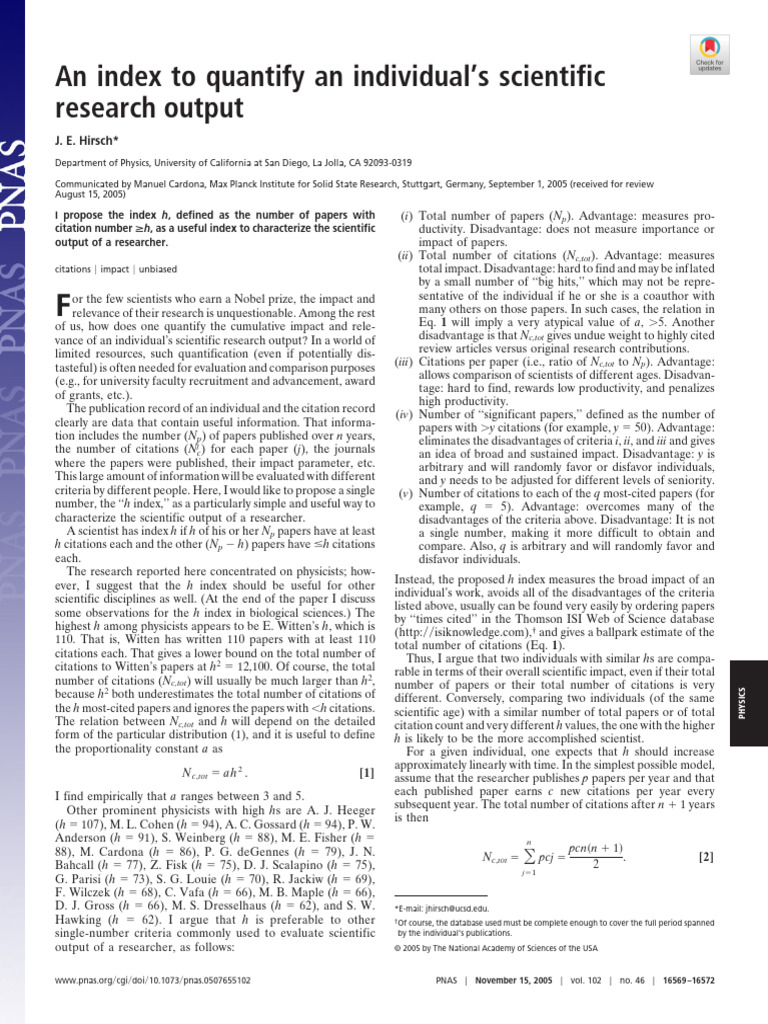 Hirsch 2005 an Index to Quantify an Individual s Scientific Research ...