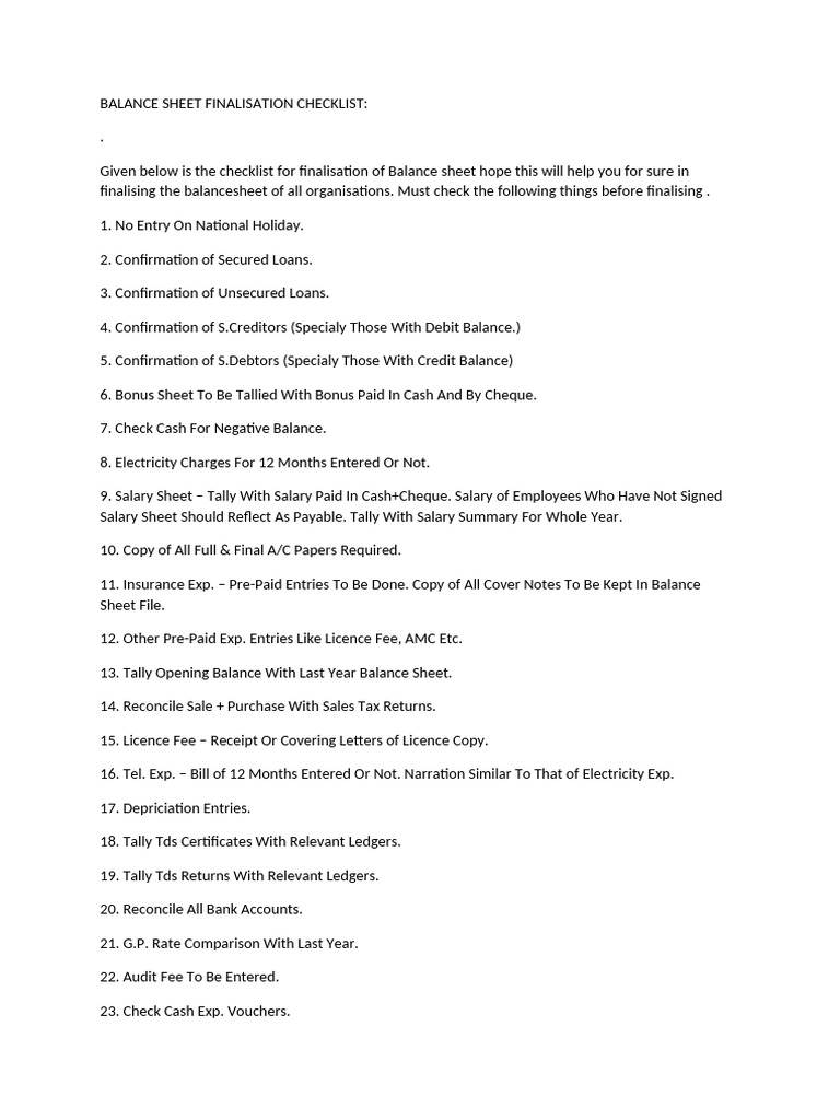 Balance Sheet Finalisation Checklist | PDF