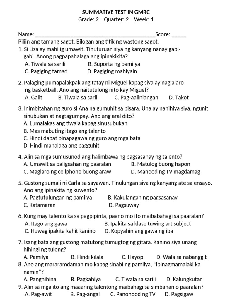 Summative Test in GMRC 2 q2w1 | PDF