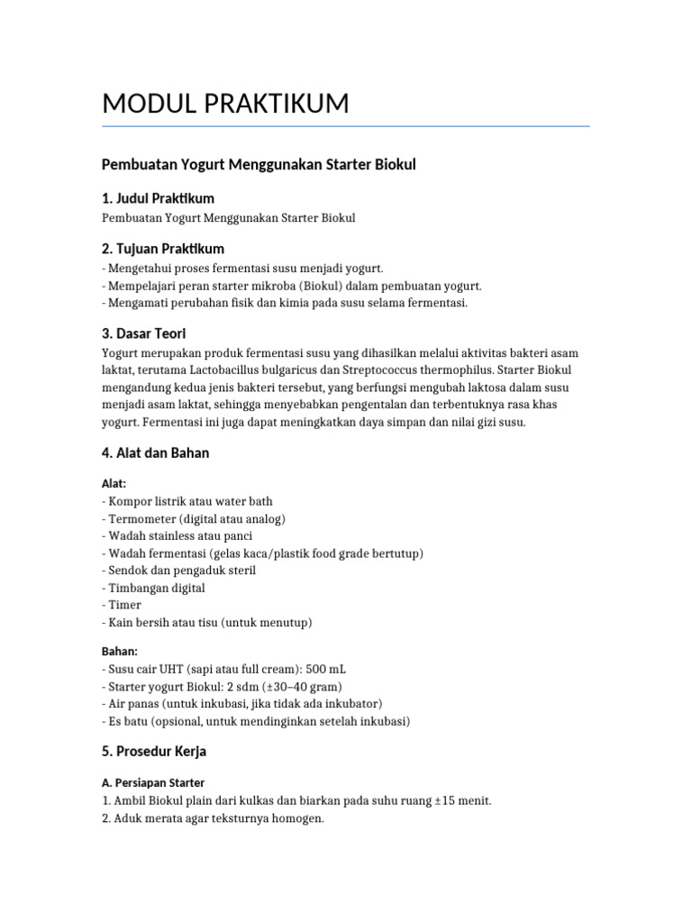 Modul Praktikum Yogurt Biokul Mahasiswa | PDF