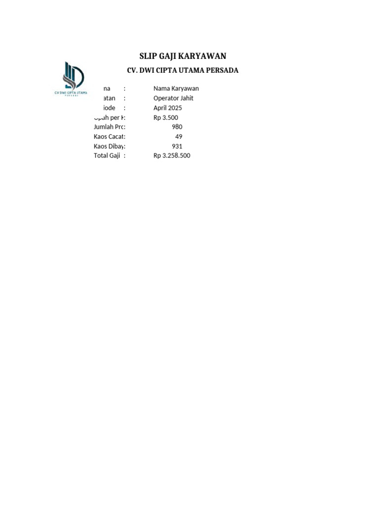 Slip Gaji CV Dwi Cipta Utama Persada | PDF