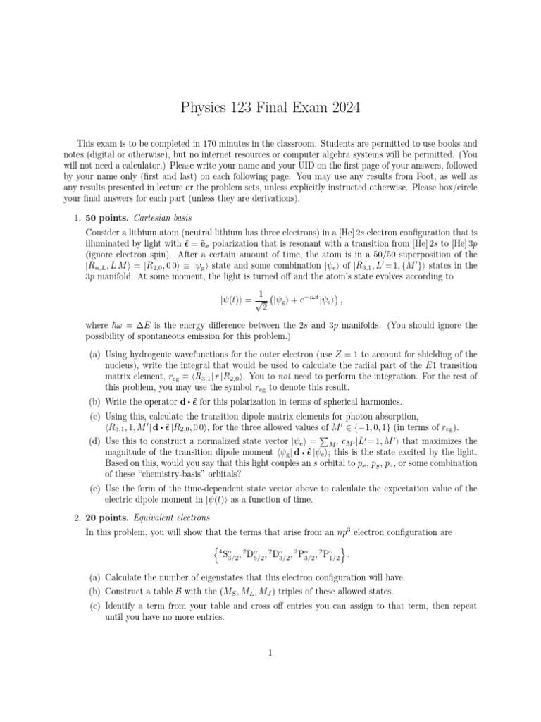 Final Exam 2024 | PDF | Atomic Orbital | Electron