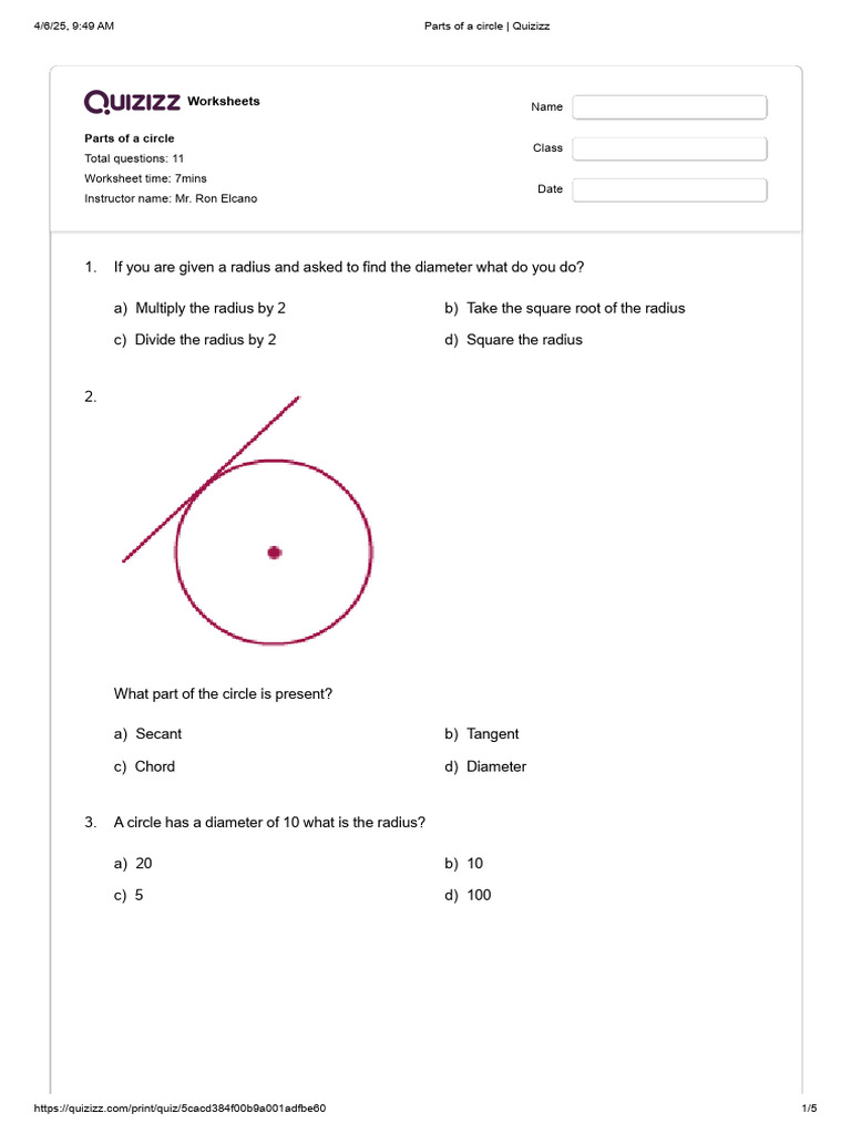 Circle Parts Worksheet for Students | PDF | Circle | Trigonometric ...