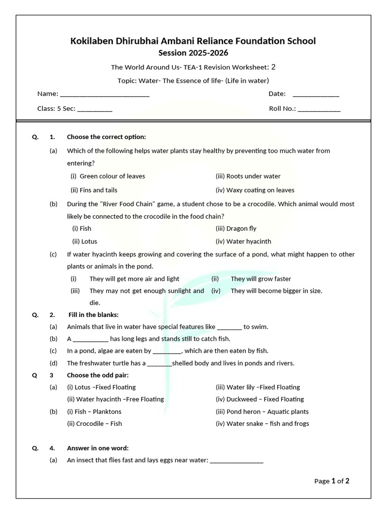 Class 5 Water Worksheet Answers | PDF | Pond | Frog