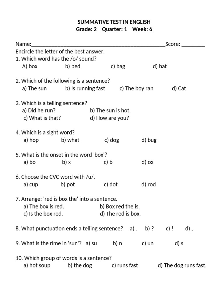 Grade 2 English Summative Test | PDF | Syllable | Chess