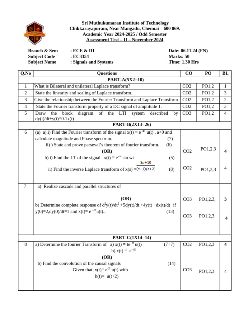 EC3354-SS AT-II QP Set-1 | PDF | Laplace Transform | Computer Engineering