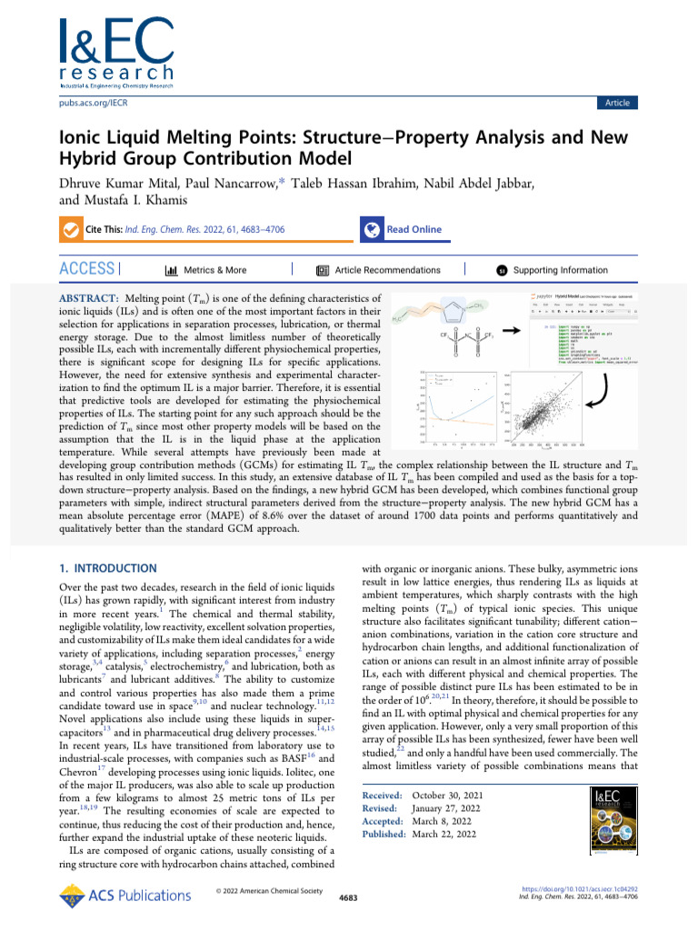 Mital Et Al. - 2022 - Ionic Liquid Melting Points Structure-Property An | PDF | Quantitative ...