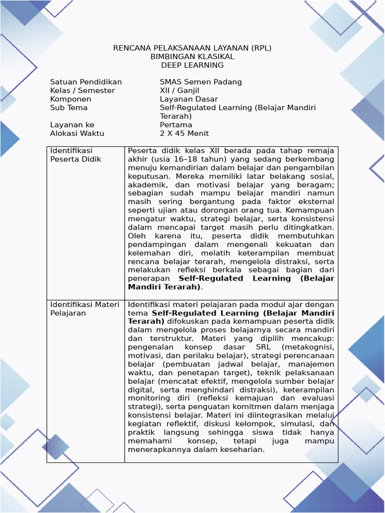 MODUL AJAR BK Self-Regulated Learning (Belajar Mandiri Terarah) | PDF