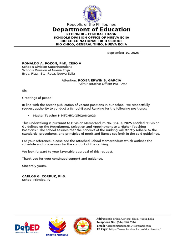 School-Based Ranking Request for Master Teacher | PDF