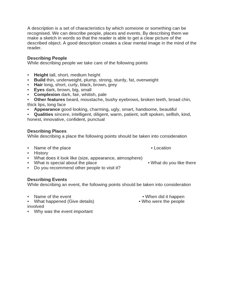 Rules for Descriptive Writing | PDF