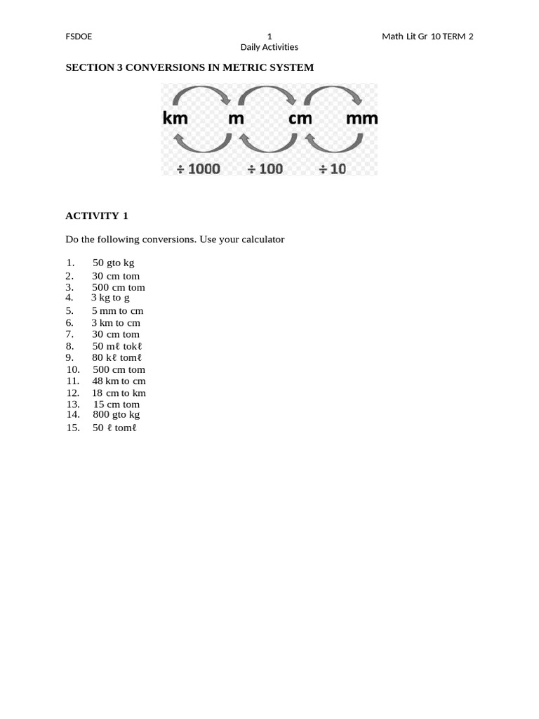 GR 10 Daily Activities Sections Conversions, Time, Measuring Length and ...