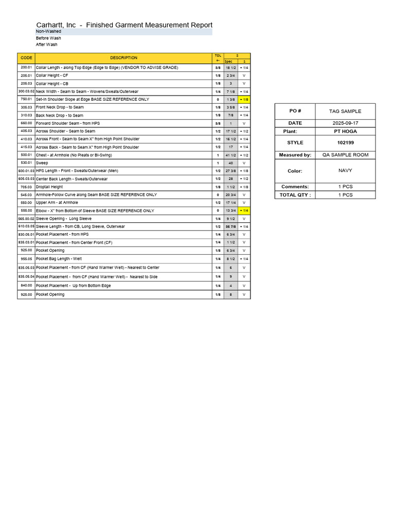 Carhartt Finished Garment Measurement Report | PDF | Seam (Sewing ...