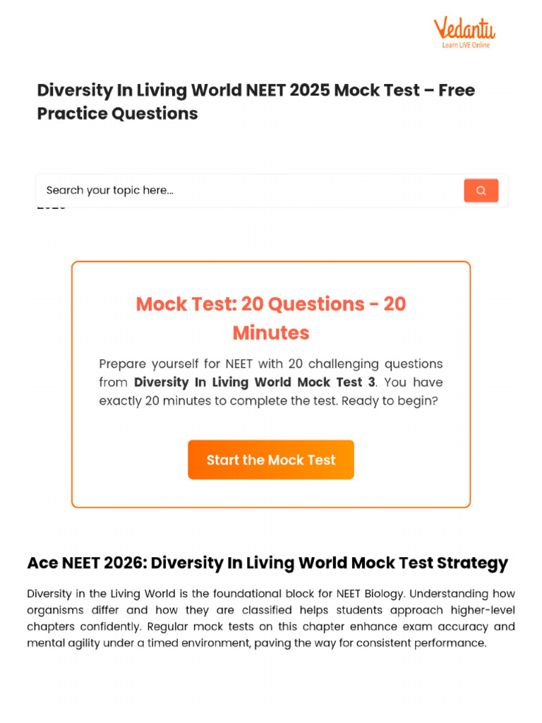 Diversity in Living World NEET 2025 Mock Test - Free Practice Questions ...