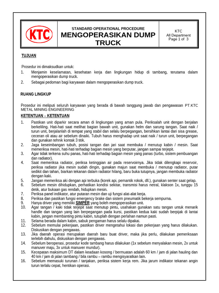 Prosedur Aman Operasi Dump Truck KTC | PDF
