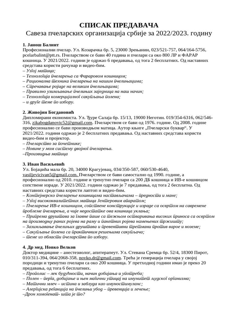 Spisak Predavaca 2022 2023 | PDF