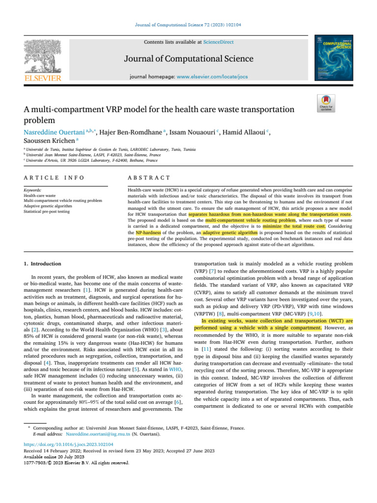 A Multi-Compartment VRP Model For The Health Care Waste Transportation ...