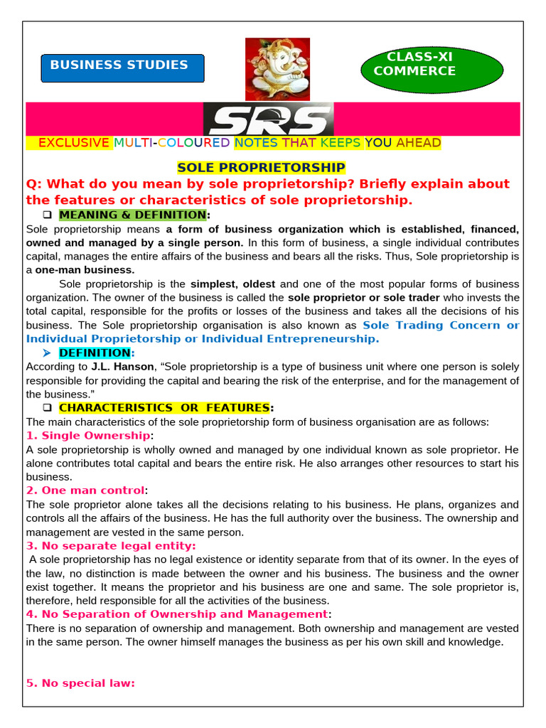 Features of Sole Proprietorship Explained | PDF | Sole Proprietorship ...