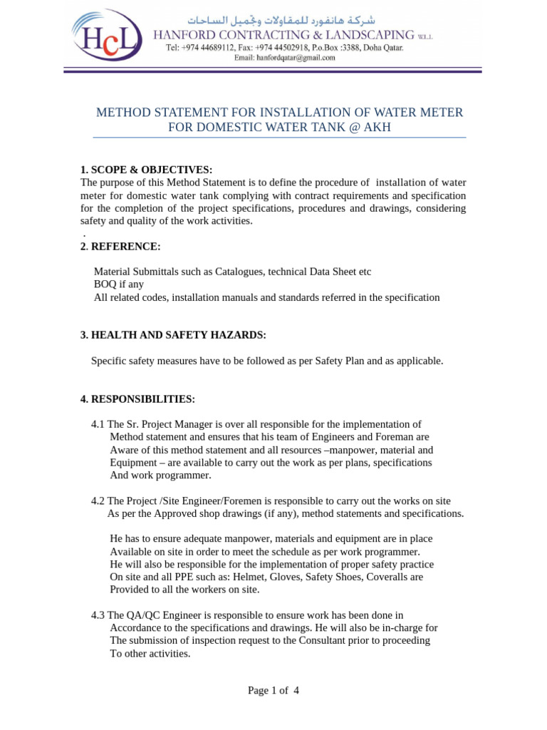 Water Meter Installation Method Statement | PDF | Pipe (Fluid ...