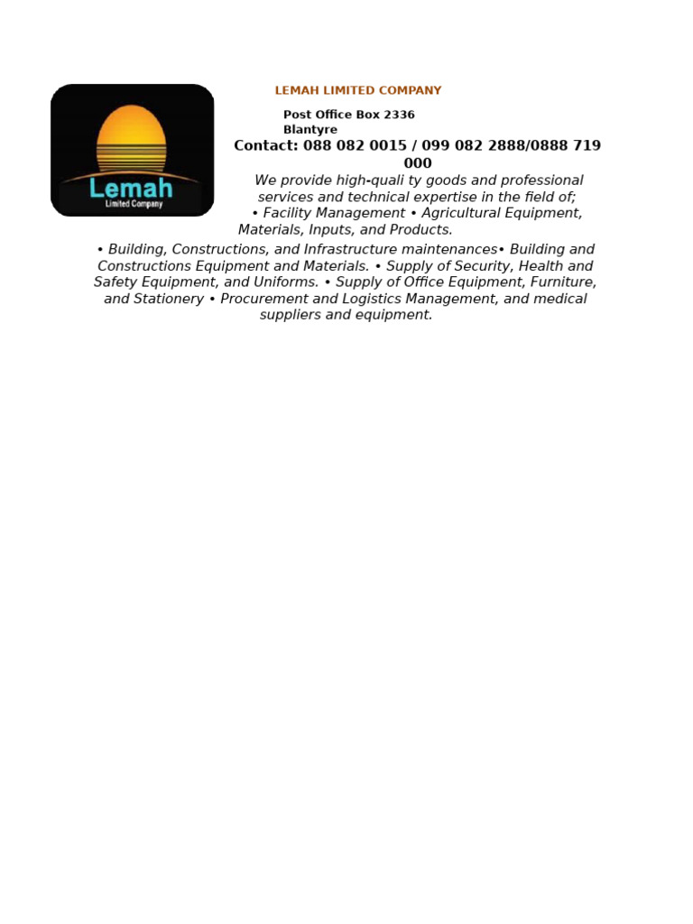 Lemah Limited: Facility & Equipment Services | PDF
