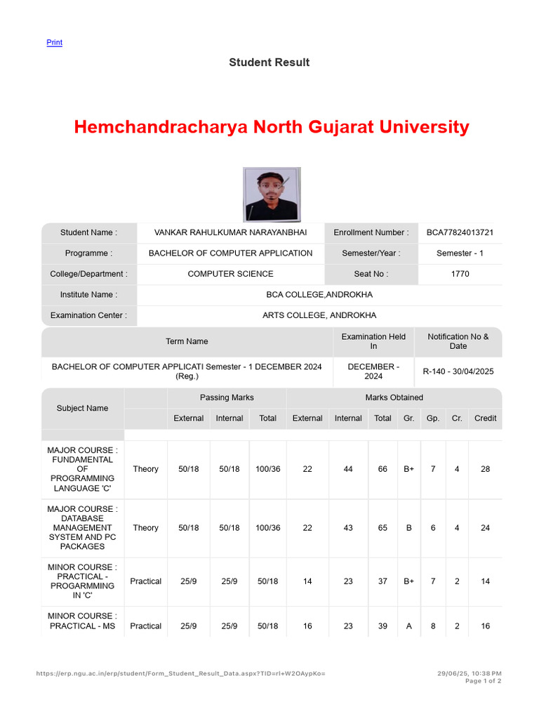 Semester 1 Result for Vankar Rahulkumar | PDF | Computer Programming ...