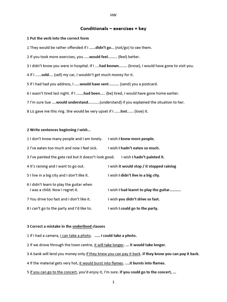 Conditionals Exercises And Key Pdf