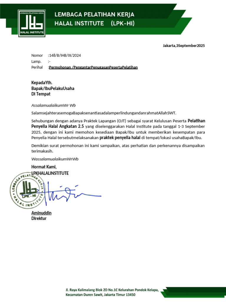148 Surat Pengantar OJT Penyelia Halal Angkatan 2.5 | PDF