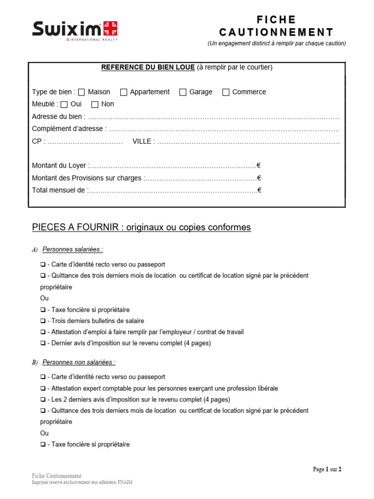 Fiche de Cautionnement FNAIM | PDF
