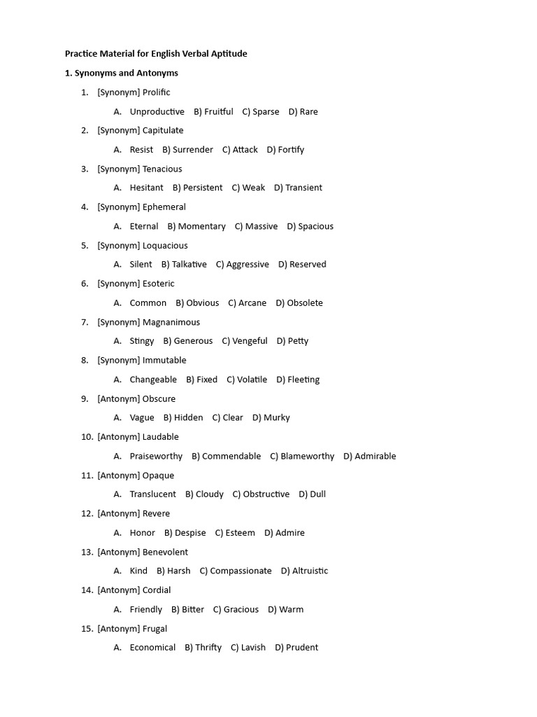 Study Material for English Verbal Aptitude Test B | PDF | Language ...