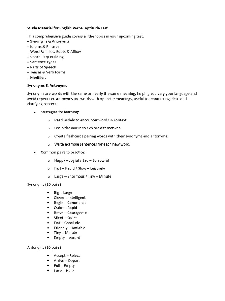 Study Material for English Verbal Aptitude Test A | PDF | Grammatical ...
