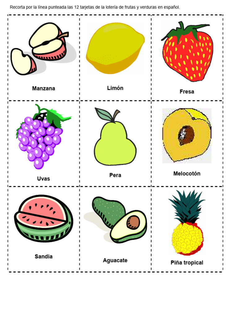 Bingo de Frutas y Verduras en Espac3b1ol 2 | PDF