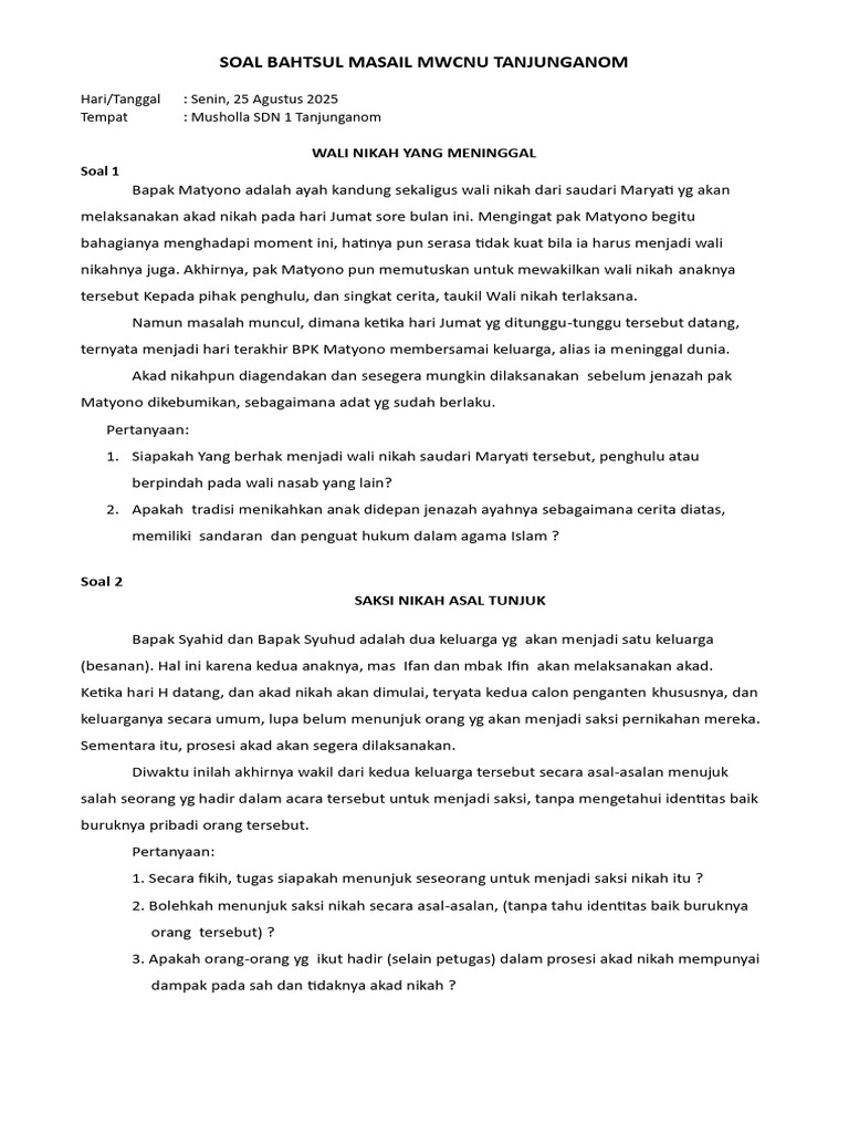 Soal Bahtsul Masail Mwcnu Tanjunganom | PDF