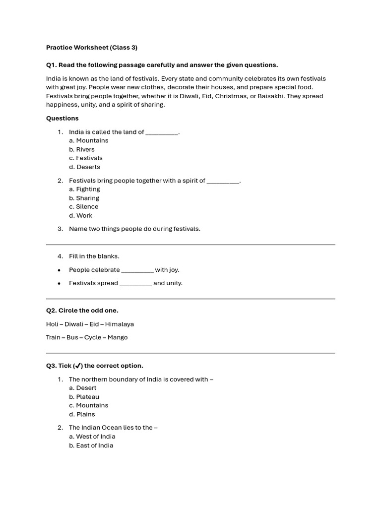Practicec Worksheet Class 3 | PDF