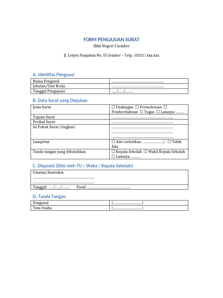 Form Pengajuan Surat SMAN5 Jember | PDF