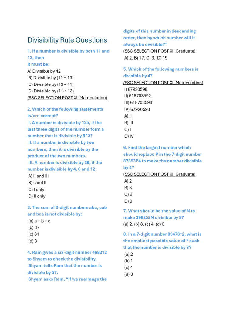 Divisibility Rule Questions | PDF | Number Theory | Discrete Mathematics