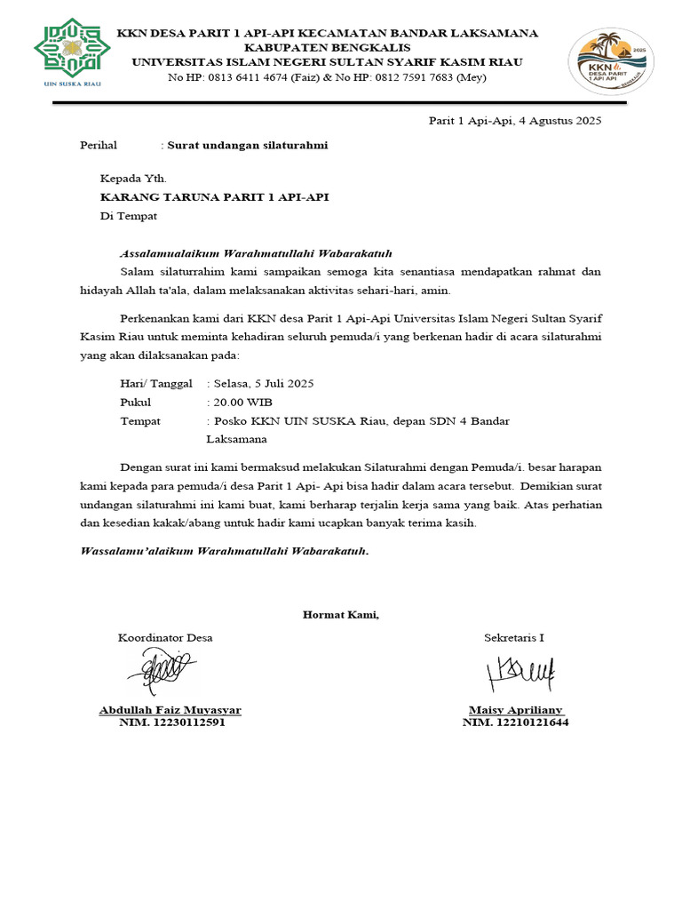 Undangan Silaturahmi KKN Parit 1 Api-Api | PDF