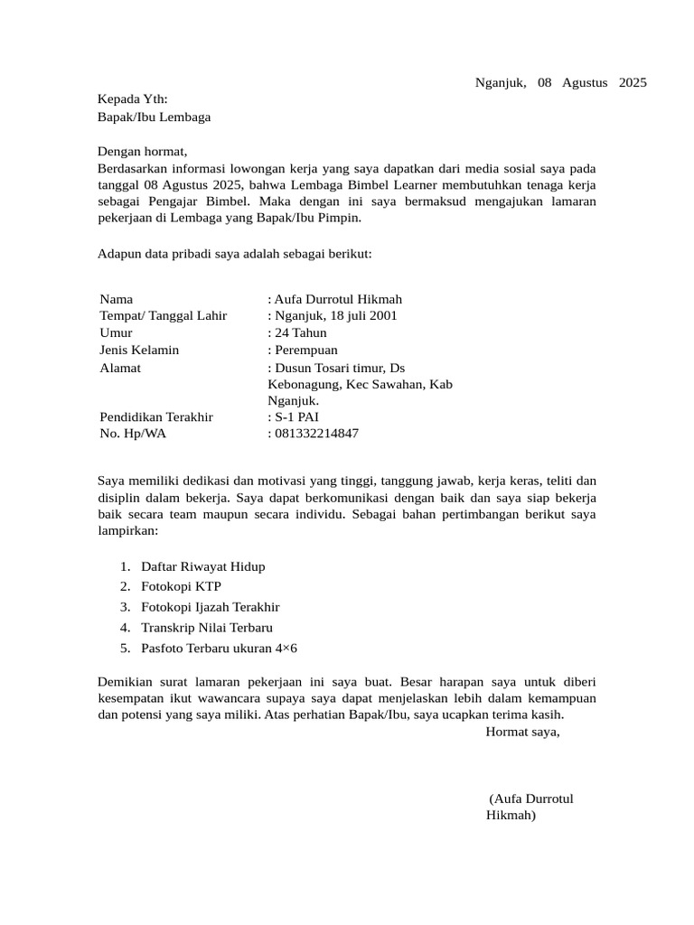 Contoh CV Pengajar Bimbel | PDF