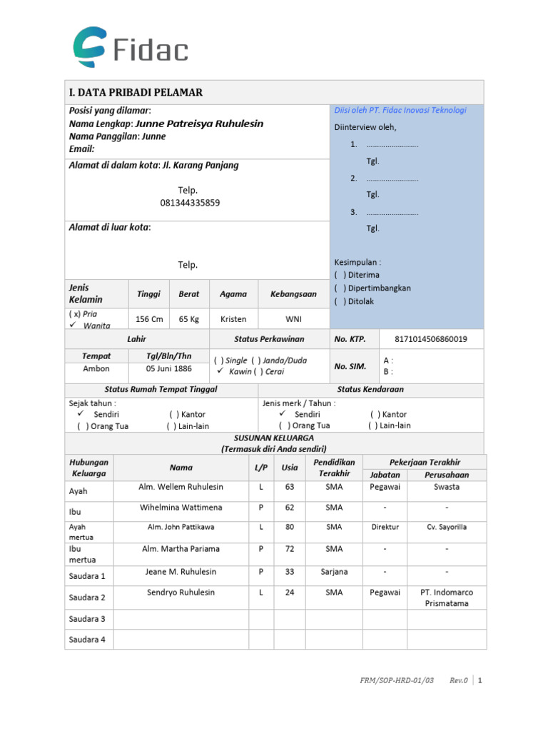 Form Aplikasi Pelamar Junne | PDF