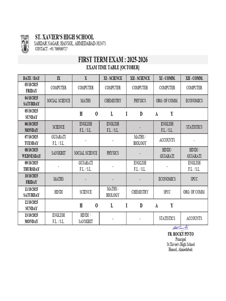 First Term Exam Schedule 2025-26 | PDF