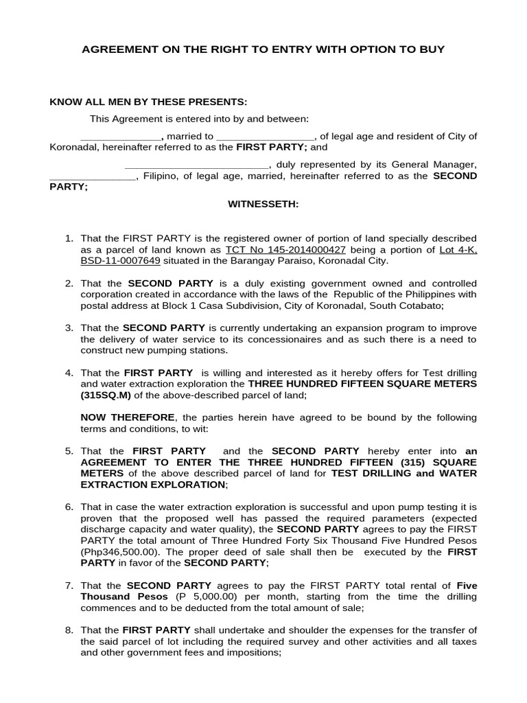 Agreement On The Right To Entry With Option To Buy2 | PDF